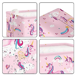 Clastyle Adorable Pink Unicorns Shelf Basket for Kid Cloud Heart Rainbow Baby Girls Gift Basket Rectangle Clothes Books Toy Storage Cube, 36L