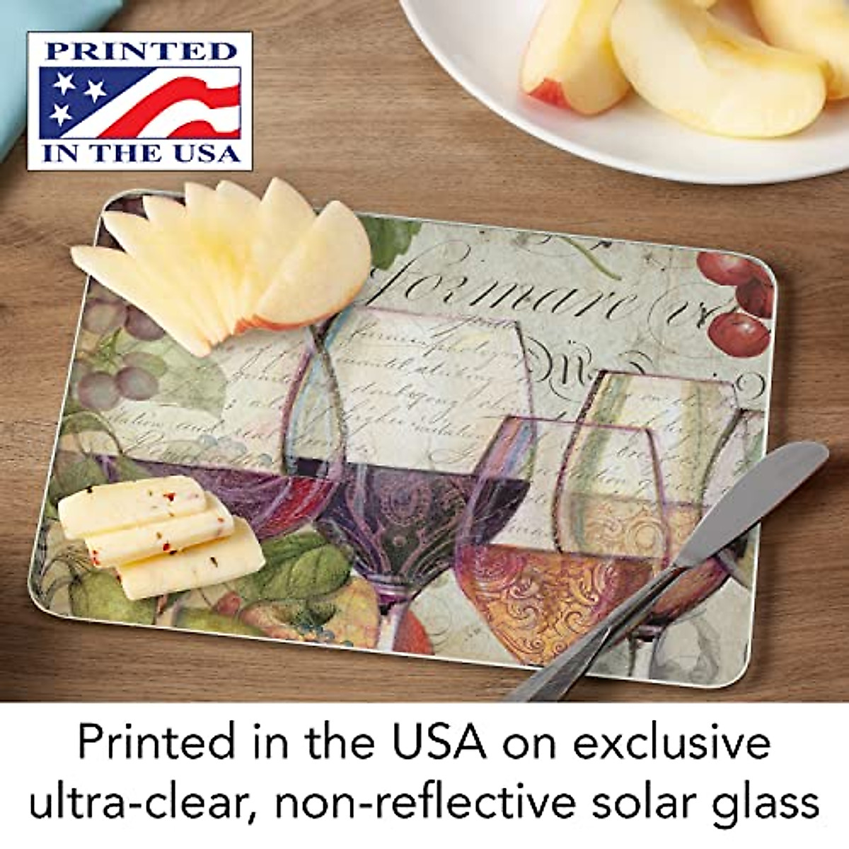 CounterArt Wine Country Decorative 3mm Heat Tolerant Tempered Glass Cutting Board 10” x 8” Manufactured in the USA Dishwasher Safe