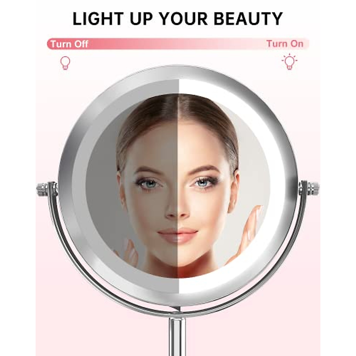 Gospire 1x/10x Magnifying Lighted Makeup Mirror Double Sided Round Standing 360 Degree Swivel Vanity Mirror for Shaving Bathroom Battery Operated 7 Inch Diameter (Silver-Button Switch)