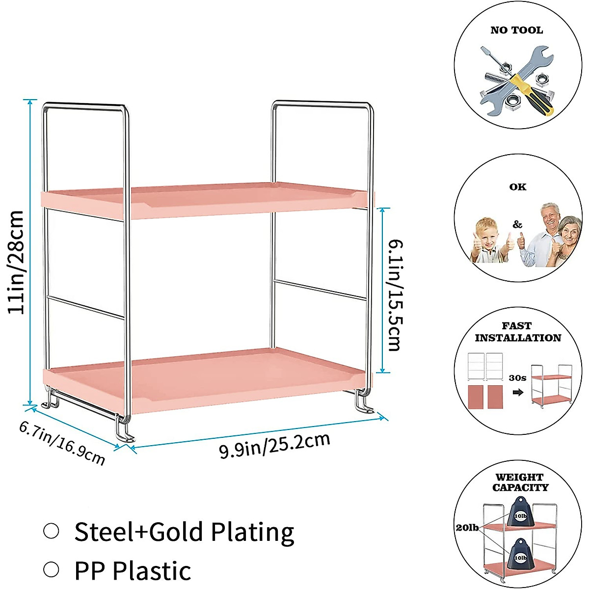 kaileyouxiangongsi Cosmetic Storage Rack for Bathroom Countertop, 2-Tier Standing Shelf for Kitchen Organizer, Stackage Perfume and Bath Collection Organizer Tray (Pink&Silver)