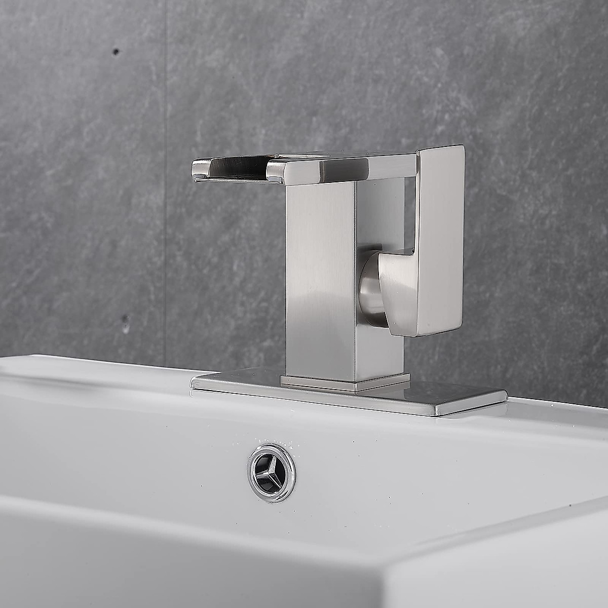 LOOPAN Led Waterfall Bathroom Faucet One Hole Single Handle,3 Colors Changing Waterfall Spout Brushed Nickel Faucet for Bathroom Sink Mount Vanity Faucet Lead-Free for Commercial Residentia