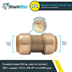 SharkBite 3/4 Inch Coupling, Push to Connect Brass Plumbing Fitting, PEX Pipe, Copper, CPVC, PE-RT, HDPE, U016LFA