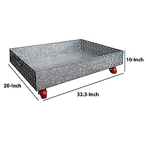 Benjara Galvanized Rectangular Under Bed Storage Drawer Organizer with Wheels and Holes, Silver