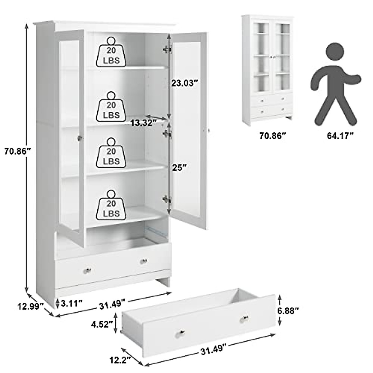 YIGOBUY White Bookcase with Glass Doors Tall Display Cabinet Wooden Bookshelf Organizer for Home Bedroom, Living Room, Office, Library with Doors, White Freestanding Kitchen Pantry