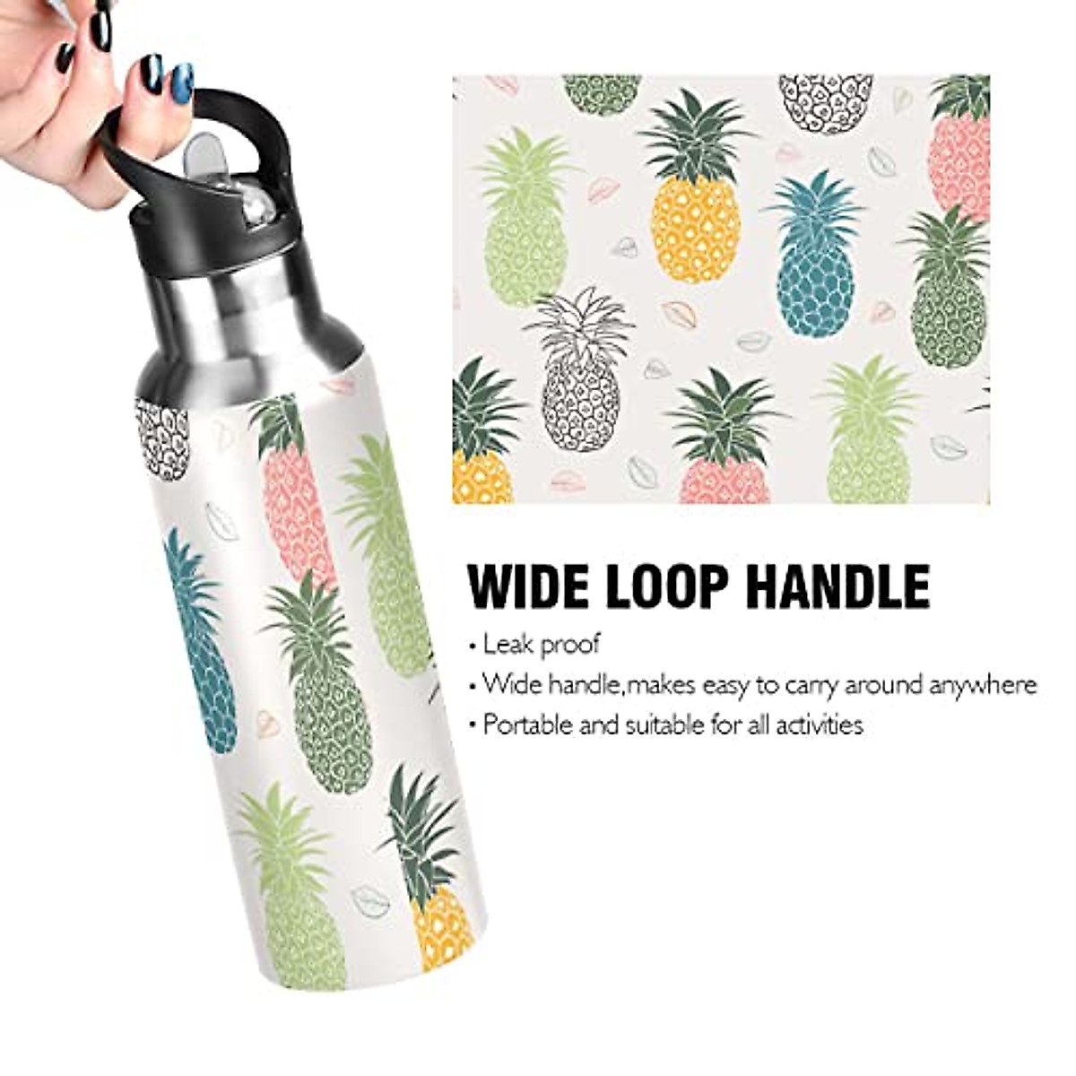 xigua Pineapple Water Bottle with Straw Lid Vacuum Insulated Stainless Steel Thermo Flask for Sports Cycling Hiking School Home,20 oz.