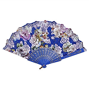 DUO ER Chinese Style Hand Held Folding Dance Fan Wedding Party Lace Folding Hand Held Flower Fan Summer Wedding Fan Party (Color : Blue)