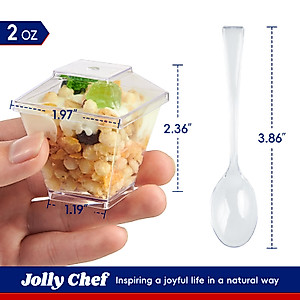 JOLLY CHEF 100 x 2 oz Mini Dessert Cups with Spoons and Lids, Square Tall Clear Plastic Parfait Appetizer Cup Small Serving Bowl for Party Desserts Appetizers