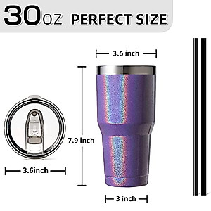 Zibtes 30oz Insulated Tumbler With Lid and Straws, Stainless Steel Double Vacuum Coffee Tumbler Cup, Powder Coated Travel Mug for Home, Office, Travel, Party (Glitter Purple 1 pack)