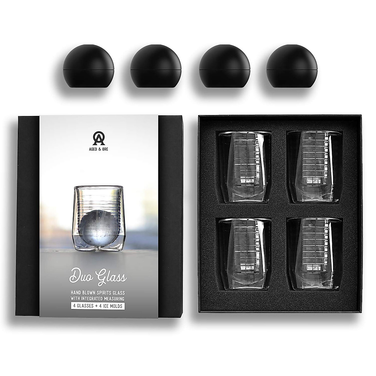 Aged & Ore - The Duo Glass | Hand Blown Double Walled Whiskey Glass Gift Set with Free Silicone Ice Molds | Integrated Measuring Lines for the Perfect Cocktail | Durable Modern Tumbler | Set of 4