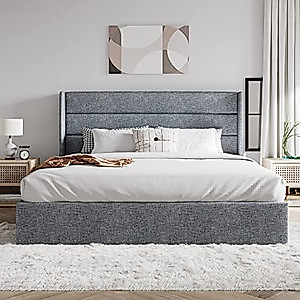SHA CERLIN Queen Size Lift Up Storage Bed/Modern Wingback Headboard/Upholstered Platform Bed Frame/Hydraulic Storage/No Box Spring Needed/Wood Slats Support/Grey Blue