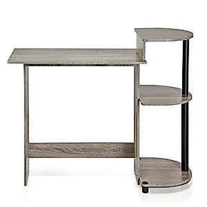 Furinno 11181GYW/BK Compact Computer Desk with Shelves, Round Side, French Oak Grey/Black