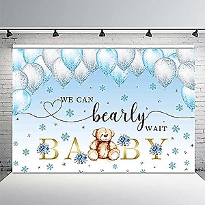 MEHOFOND 7x5ft Winter Snowflake Bear Boy Baby Shower Backdrop We Can Bearly Wait Bear Blue and Silver Balloons Photography Background Party Decor Cake Table Decor Banner Photo Booth