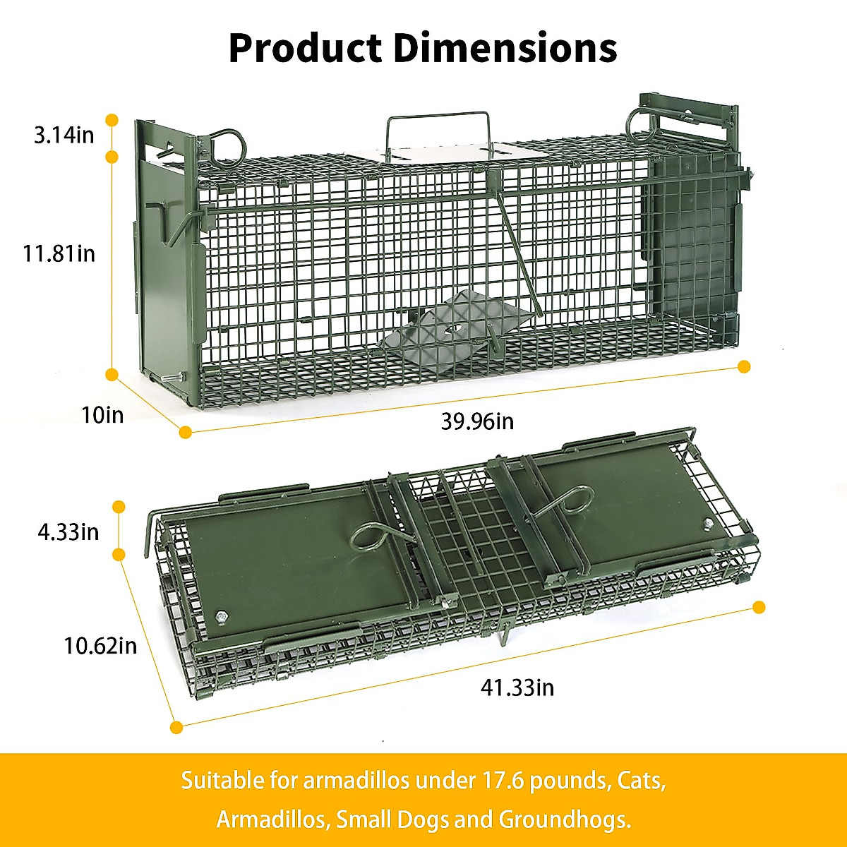 40" 2-Door Large Live Animal Traps for Stray Cats up to 17.6 pounds, Raccoons, Squirrel, Skunk, Mole, Groundhog, Armadillo, Rabbit, with Pedal Triggers
