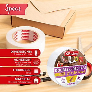 XFasten Double Sided Tape Clear, Removable, 2-Inch by 30-Yards, Ideal as a Gift Wrap Tape, Holding Carpets, and Woodworking