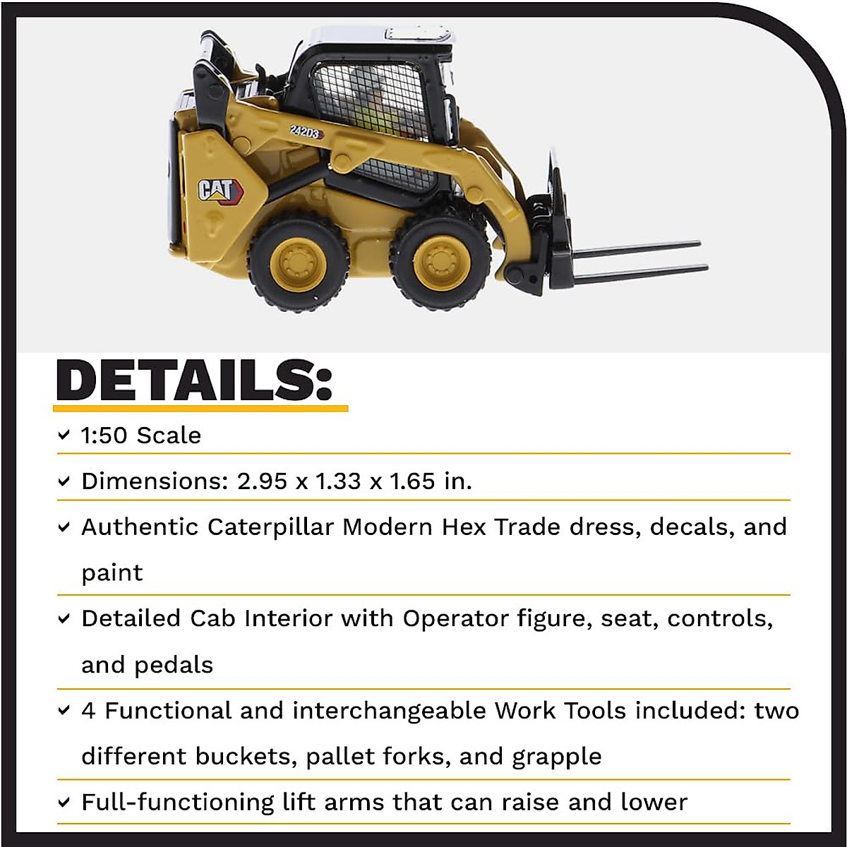 Diecast Masters 1:50 Caterpillar 242D3 Skid Steer Loader with Attachment Accessories | High Line Series Cat Trucks & Construction Equipment | 1:50 Scale Model Diecast Collectible | DM Model 85676