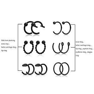 BOPREINA Faux Nose Rings Hoops Set, 12Pcs Stainless Steel Fake Nose Lip Ear Septum Rings Non-Pierced Clip On Cartilage Cuff Earrings Body Jewelry