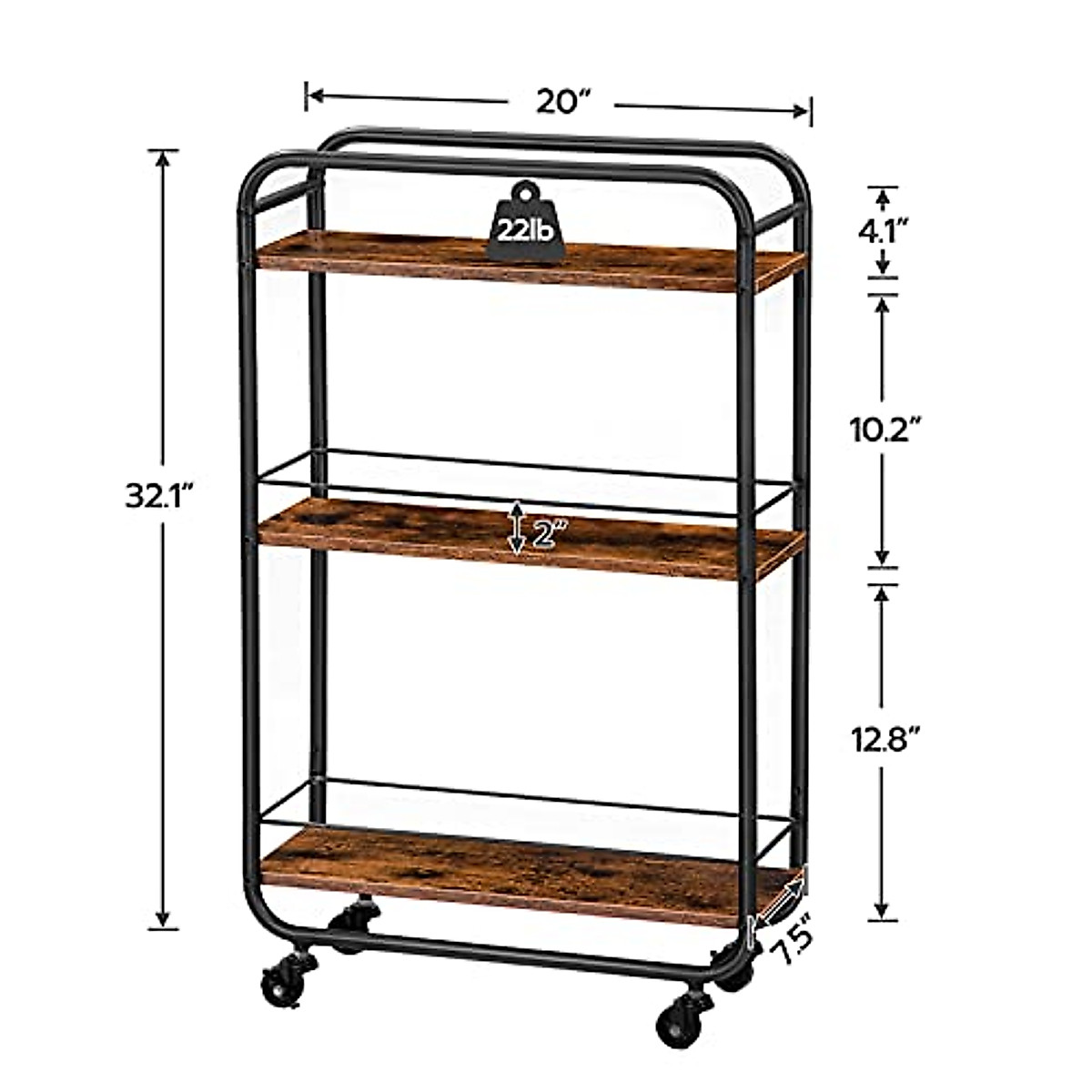 HOOBRO Slim Storage Cart, 3 Tier Serving Cart with Wheels, Trolley with Grids, Metal Frame, Sturdy and Stable, Rustic Brown BF18TC01
