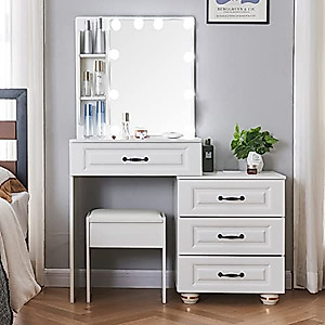 Abesthink Vanity with Lights Mirror and Charging Station,Makeup Vanity with 3-Color Dimmable Lighted Mirror,Large Vanity Table with Side Storage Shelves & 4 Drawers for Girls White