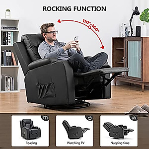 COMHOMA Leather Recliner Chair Modern Rocker with Heated Massage Ergonomic Lounge 360 Degree Swivel Single Sofa Seat with Drink Holders Living Room Chair (Black)