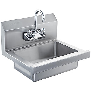 VEVOR Commercial Hand Sink with Faucet, NSF Stainless Steel Sink for Washing, Small Hand Washing Sink, Wall Mount Hand Basin, Utility Sink for Restaurant, Kitchen, Bar, Garage and Home, 17 x 15 inch