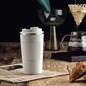 YINJOYI 17oz Travel Coffee Cups Insulated Mug Thermal Tumbler to Go with Lid Leak Proof Reusable Stainless Steel Coffee Mug Spill Proof for Hot and Iced Cold Drinks (White, 510ml)