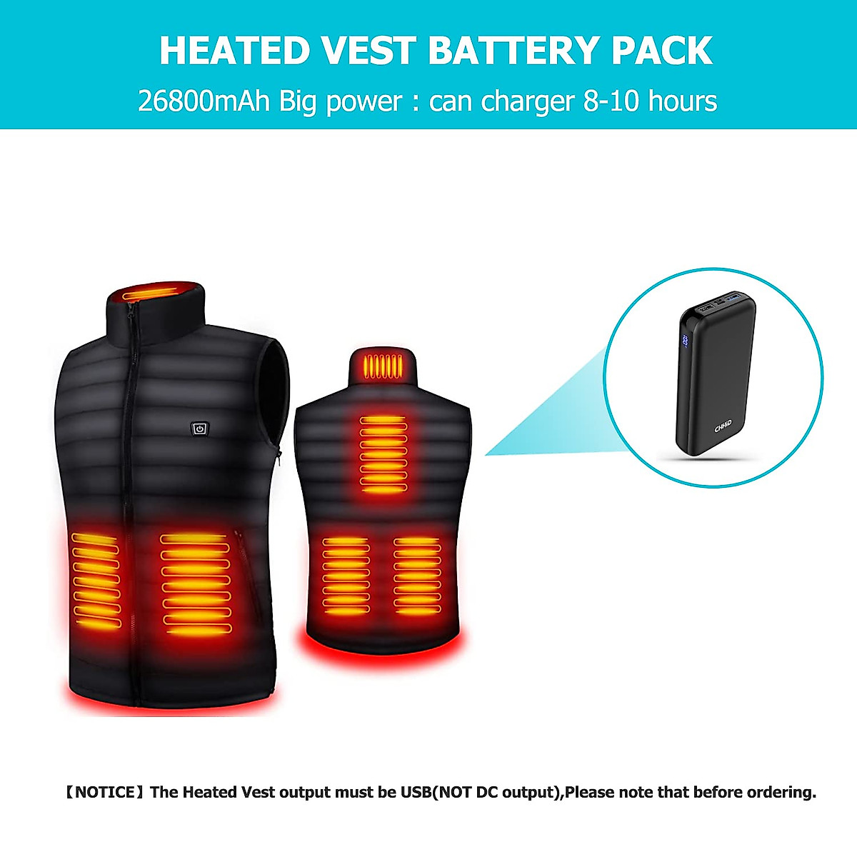 CHHID LCD Display Portable Charger Power Bank,Dual USB 26800mAh Phone Charger,5V 2A Battery Pack for Heated Vest,Heated Jacket,iPhone,Android etc.