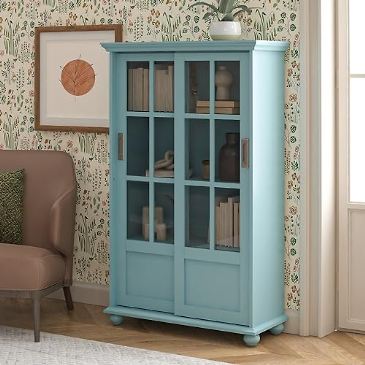 Ameriwood Home Aaron Lane Bookcase with Sliding Glass Doors, Pale Blue