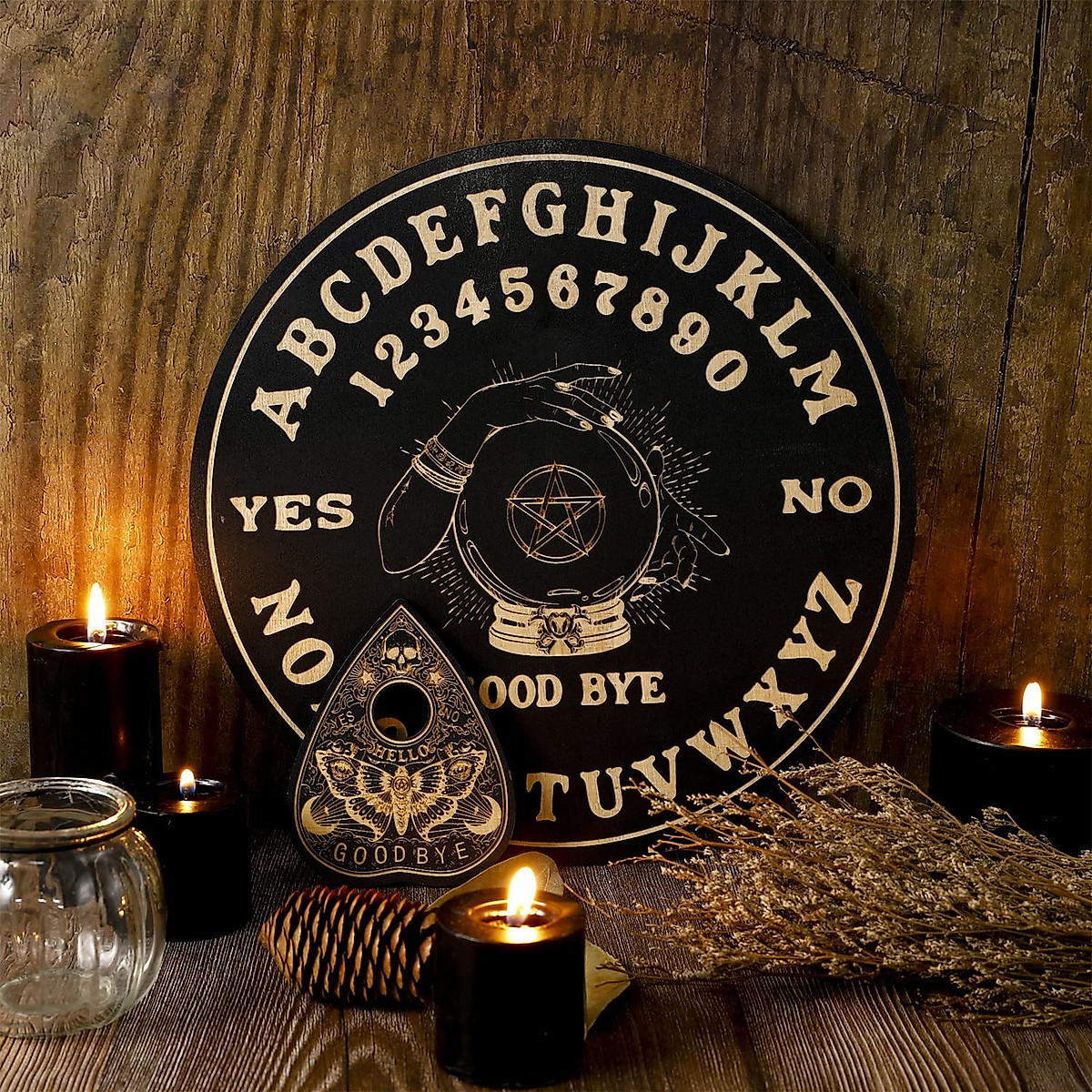 Keithwood 11.5’’ Black Spirit Board with Planchette Handmade Black Talking Board Game Spirit Board for Spirit Hunt, Witch Craft, Occult Practice - Magic Crystal Ball Pentagram Star in Hands