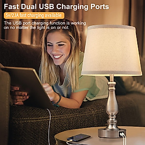 Lamps for Bedrooms Set of 2, Brushed Nickel Bedside Lamps with USB C+A Ports, 3 Way Dimmable Nightstand Lamps with Fabric Lampshade, Touch Table Lamp for Living Room Bedroom Office, Bulbs Included