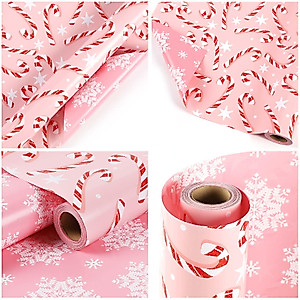 LaRibbons Reversible Christmas Wrapping Paper Jumbo Roll with Pink Pom Pom, Classic Candy Cane/Snowflake Gift Wrap Set for Christmas, Party, Holiday Celebration, 30 Inch × 40 Feet (100 sq. ft. ttl.)