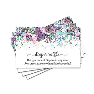 Mermaid Diaper Raffle Tickets, Girls Baby Shower Games for Prizes, Baby Shower Diaper Raffle Invitation Insert Cards, 25 Pack