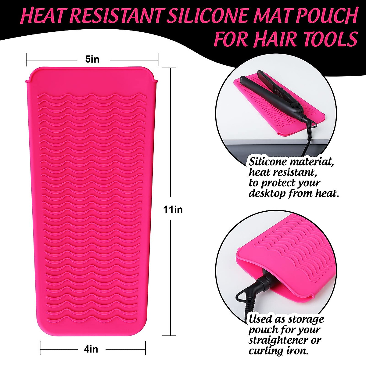 Fandamei Heat Resistant Silicone Mat Pouch for Flat Iron, Straightener, Curling Iron, Heat Resistant Glove With Silicone Bumps For Hair Styling Tool, Professional Heat Proof Glove Mitts Rose Red