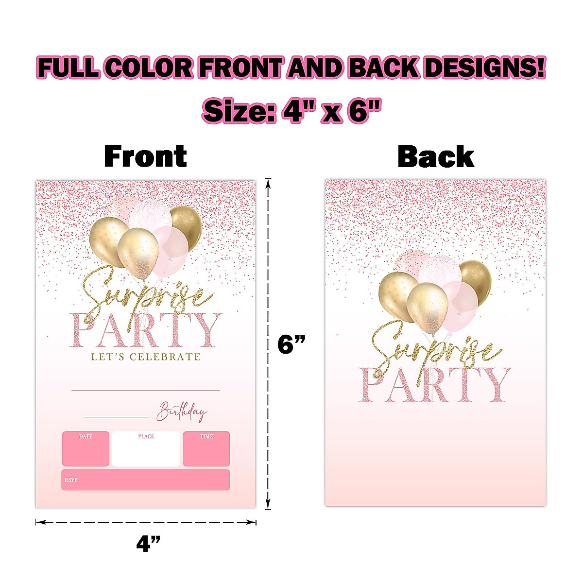 Rose Pink Gold Surprise Birthday Invitations for Women, Pink Balloons Birthday Invites for Adult Boys Girls Teens kids, Any Age Birthday Party Invite Ideas, 20 Invitations with Envelopes - JY709