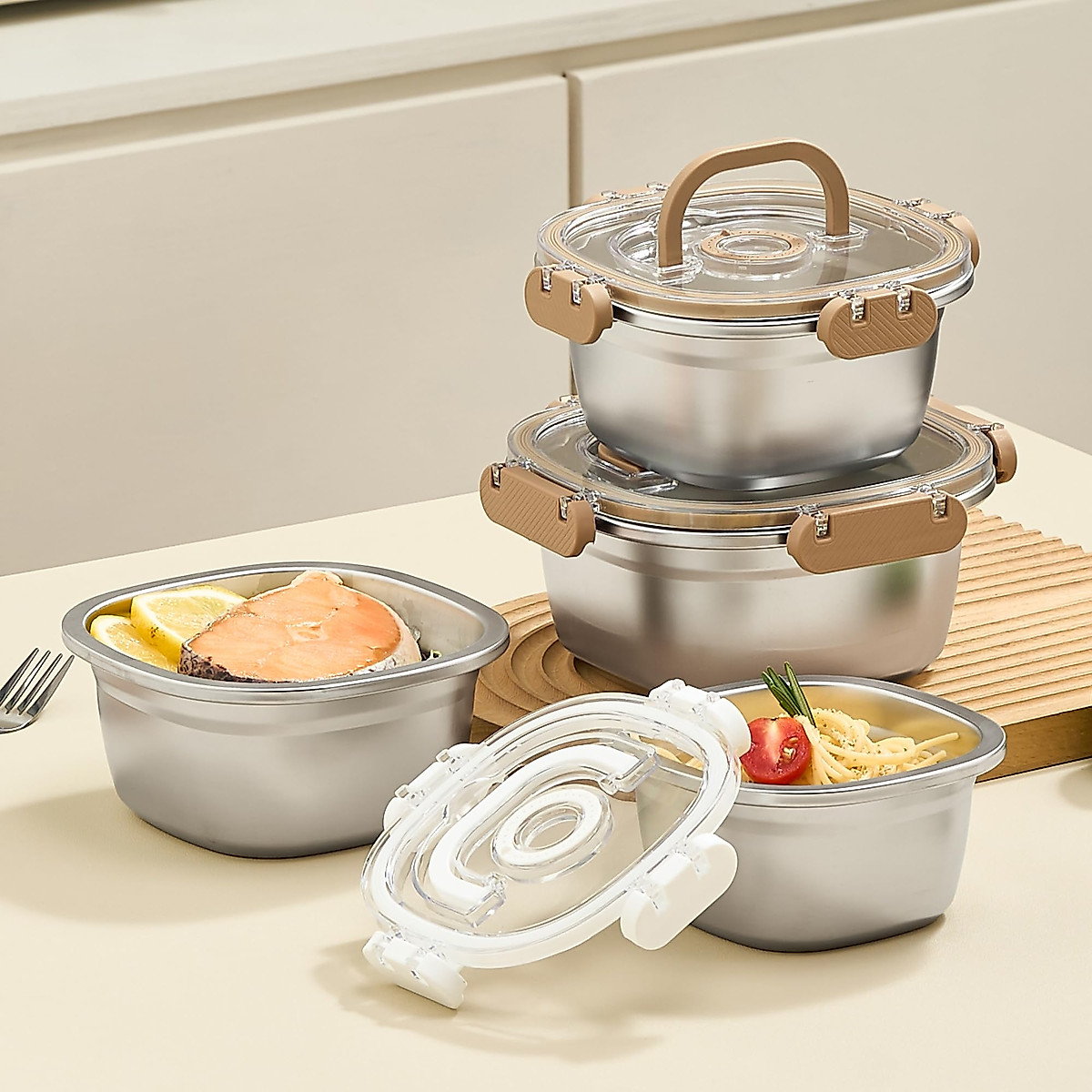 CHENMUYI Stainless Steel Food Containers with Lids Stainless Steel Lunch Bento Box Kitchen Snack Storage Containers Reusable&Stackable Metal Container for Home, Travel, Work, Party, Leftovers (white)