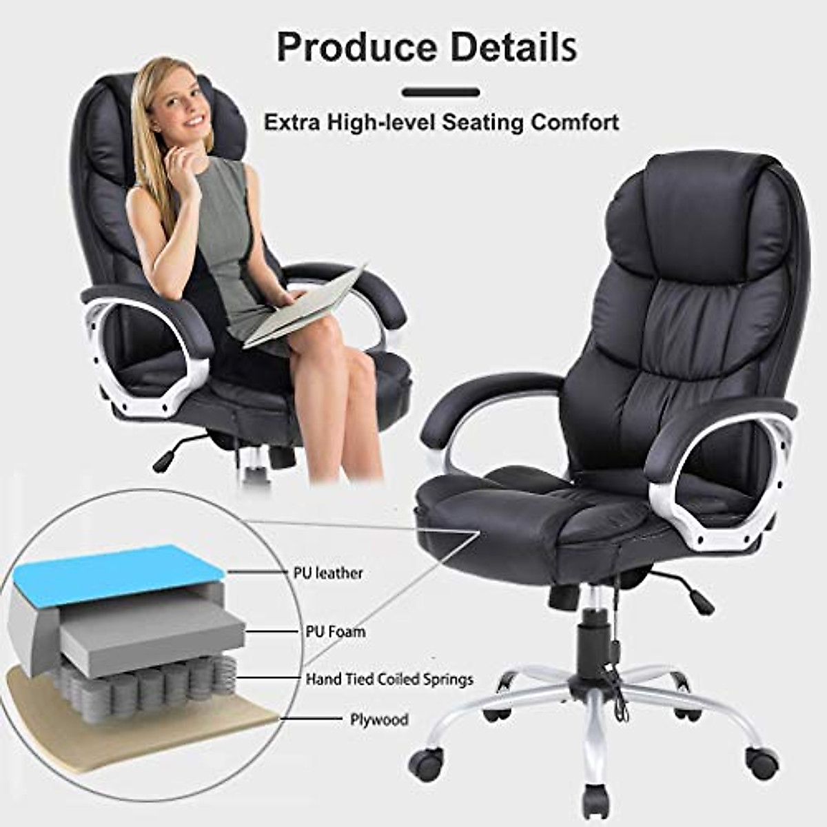 Massage Office Chair 250Lbs Ergonomic High Back PU Leather Rolling Swivel Executive Computer Desk Chair with Lumbar Support Headrest Armrest for Study Home Meeting Room