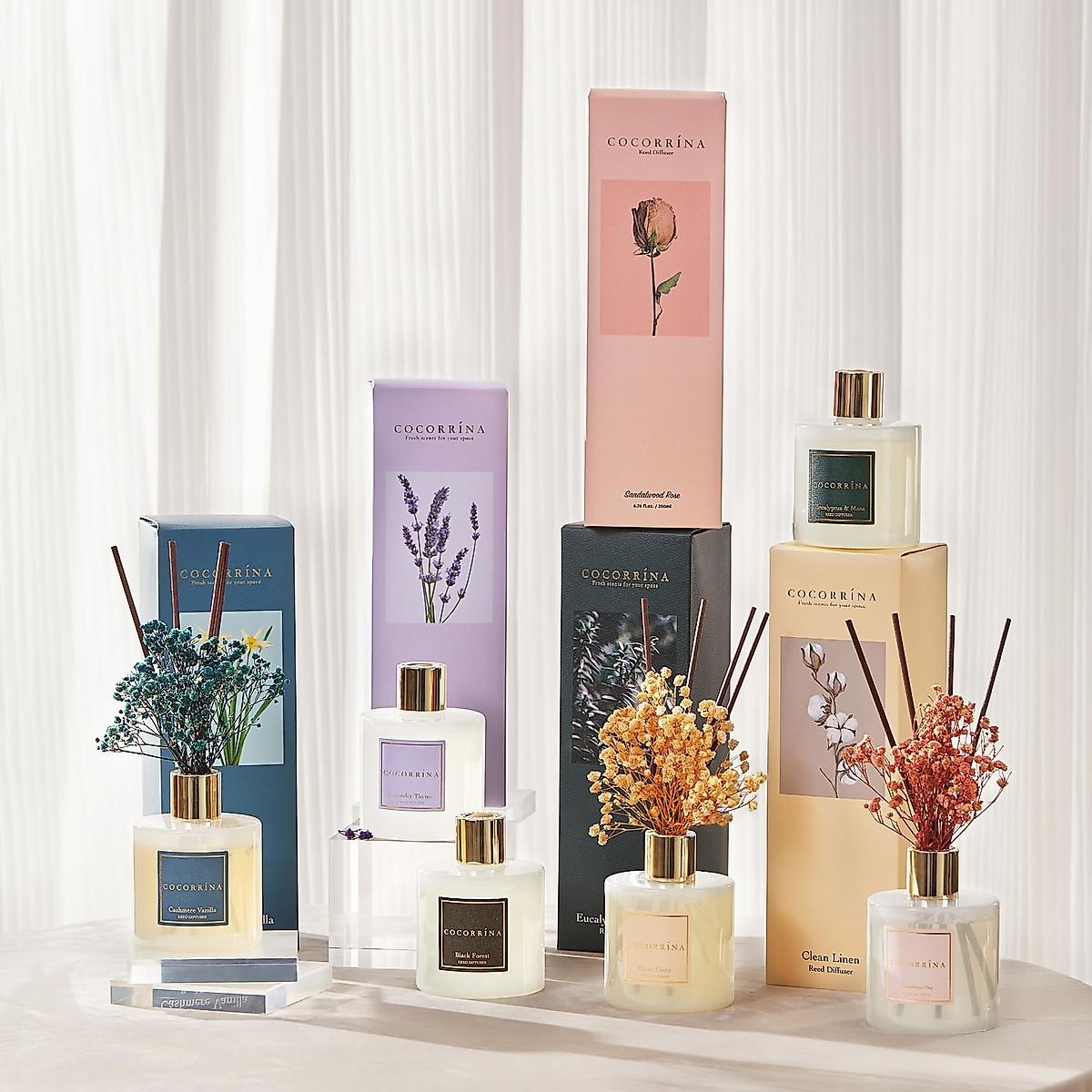 Cocorrína Reed Diffuser Set, 6.7 oz Clean Linen Scented Diffuser with Sticks Home Fragrance Essential Oil Reed Diffuser for Bathroom Shelf Decor, Living Room, Large Room