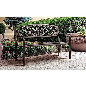 Patio Bench Park Bench, 50" Antique Powder Coated Iron Outdoor Metal Bench w/Floral Ivy Design Backrest, 400lbs Cast Iron Anti-Rust Sturdy Steel Frame Furniture for Porch Entryway Lawn Decor Deck
