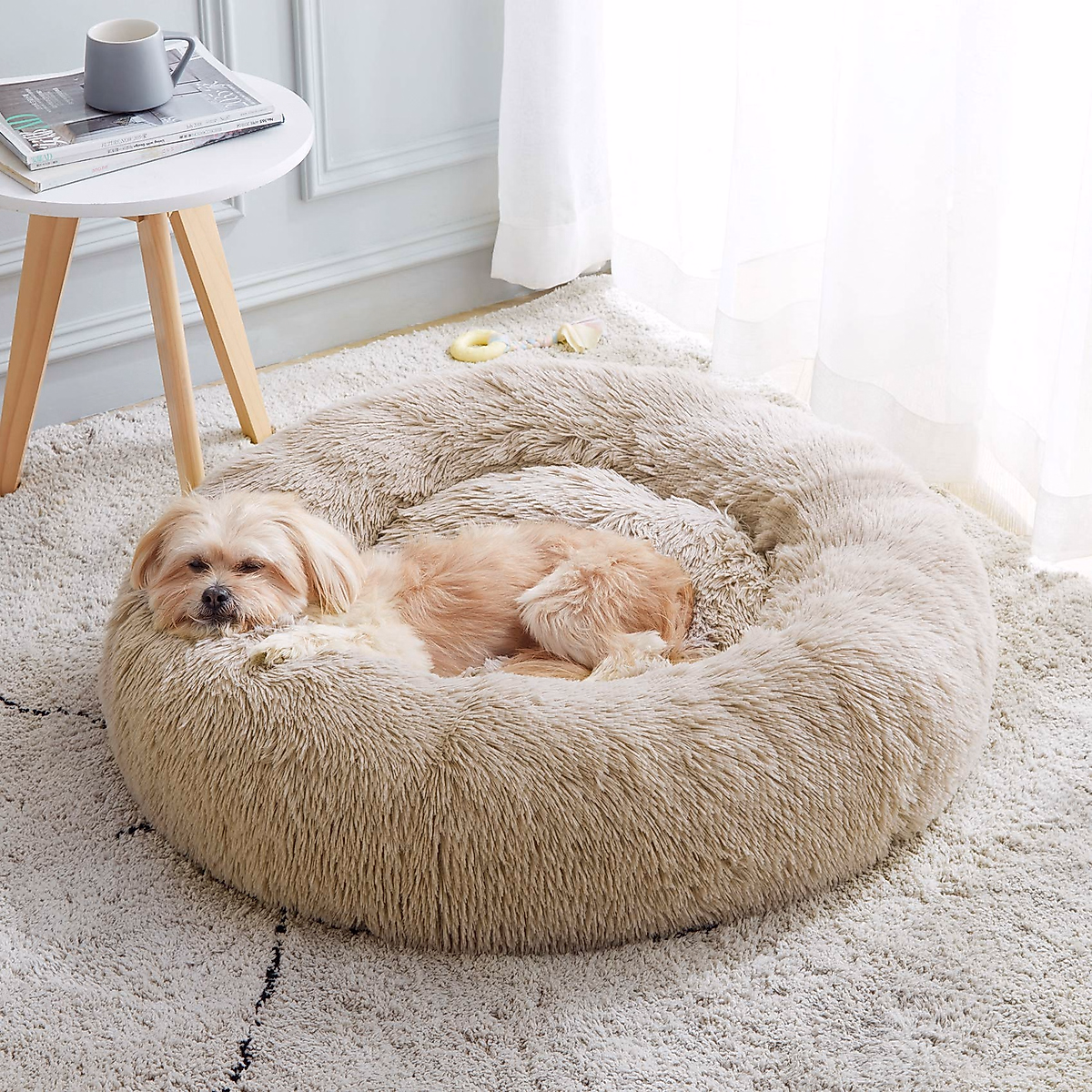 Calming Dog Bed & Cat Bed, Anti-Anxiety Donut Dog Cuddler Bed, Warming Cozy Soft Dog Round Bed, Fluffy Faux Fur Plush Dog Cat Cushion Bed for Small Medium Dogs and Cats (20"/24"/27"/30")