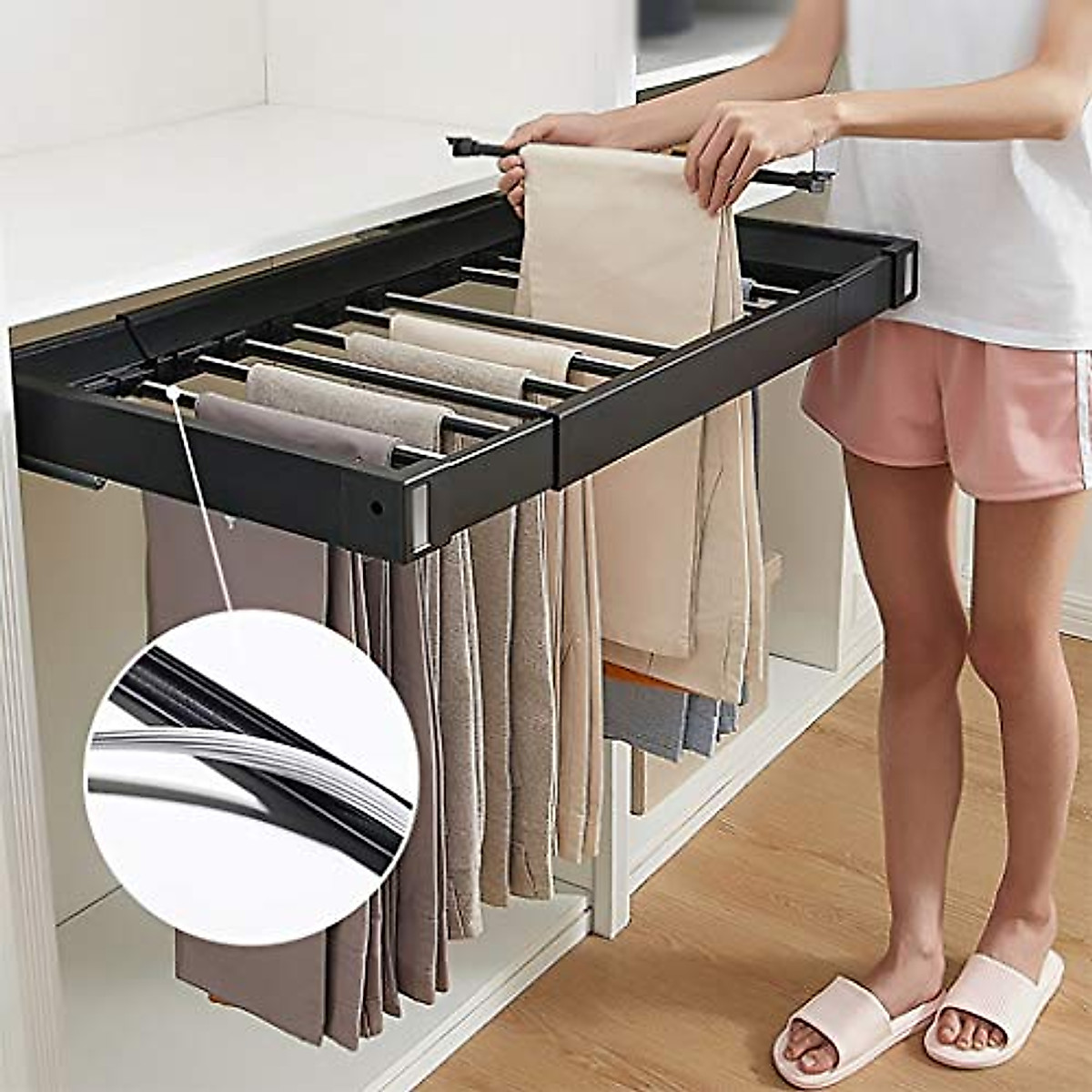 FKhanger Wardrobe Drawer Trouser Rack with Buffer System,Pull-Out Closet Scarf Jeans Storage Sliding Rail,(45-120cm) Adjustable Width (Size : (45-60) 46cm)