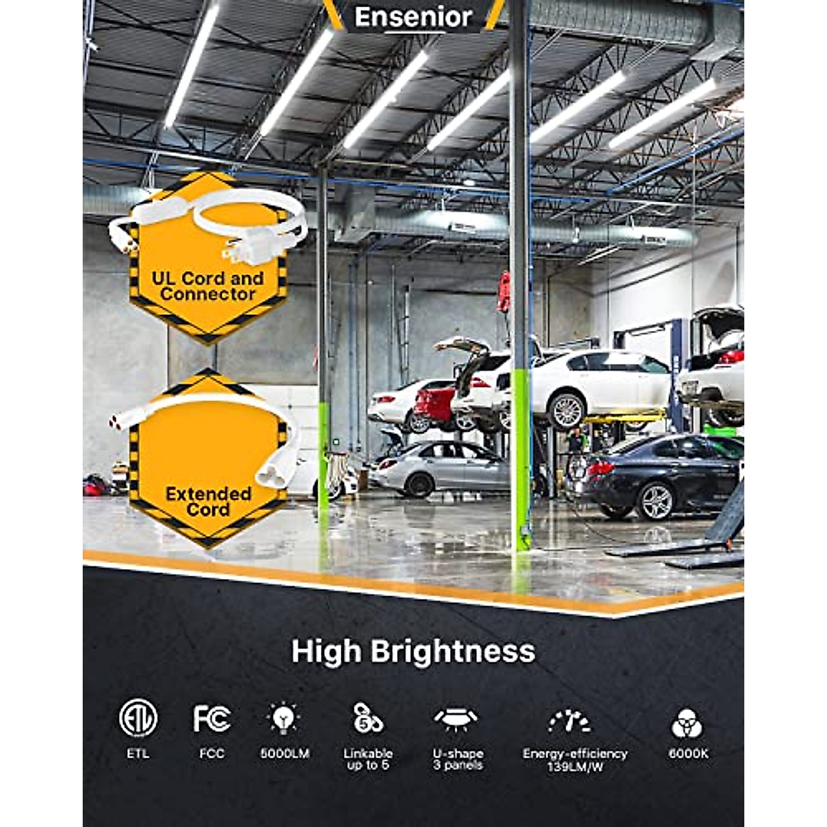 Ensenior 10 Pack 4 FT Led Shop Lights, 6000K Clear White, 5000LM Super Bright, 36W Equivalency 468W, Commercial Bay Lighting, U-Shaped Linkable Shop Lights Plug in for Garage, Workshop, FCC Certified
