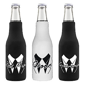 LADY & HOME Set of 7 Bachelor Party Bottle Cooler,Groom and Groomsman Beer Bottle Sleeve,Collapsible Can Holder for Bachelor (Black-Bottle-Squiggles)