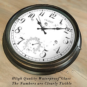 OCEST 16 Inch Large Analog Outdoor Wall Clock, Waterproof, Weather-Resistant, Non-Ticking, Battery-Operated, with Temperature Display, for Patio, Pool, Lanai, Fence, Porch, Garden, Bathroom