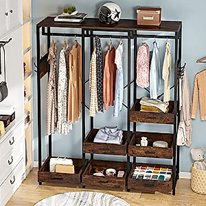 Tribesigns Closet Organizer with 6 Open Drawers, Heavy Duty Freestanding Clothes Garment Rack with 2 Hanging Rods, Shelf and Hooks, Large Metal Clothing Rack Open Wardrobe for Bedroom, Rustic Brown