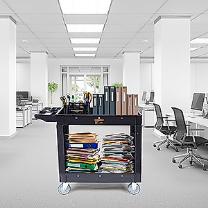 VEVOR Utility Service Cart, 2 Shelf 550LBS Heavy Duty Plastic Rolling Utility Cart with 360° Swivel Wheels, Medium Lipped Shelf, Ergonomic Storage Handle for Warehouse Garage Cleaning Office