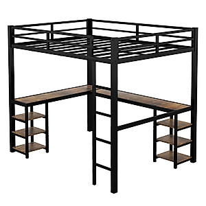 Full Size Loft Bed with Desk and Build in Ladder, Metal Loft Bed with Storage Shelves, L-Shaped Desk and Full Length Guardrail, Full Loft Bed for Kids, Girls, Boys, Teens, Black Loft Bed
