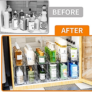 14.8" Deep 2 Tier Bathroom Storage Organizer, 4 Pack Clear Under Sink Organizers Vanity Countertop Storage Container, Medicine Cabinet Drawers Bins, Pull-Out Organization with Track for Pantry,Kitchen