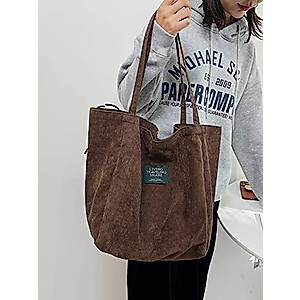 WDIRARA Women's Corduroy Totes Bag Shoulder Handbags Letter Print Shopping Shoulder Bag Brown