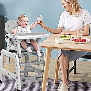 INFANS 5 in 1 Baby High Chair, Convertible Toddler Table Chair Set, Rocking Chair, Multi-Function Seat with Lockable Universal Wheels, Adjustable Seat Back, Removable Trays (Grey)
