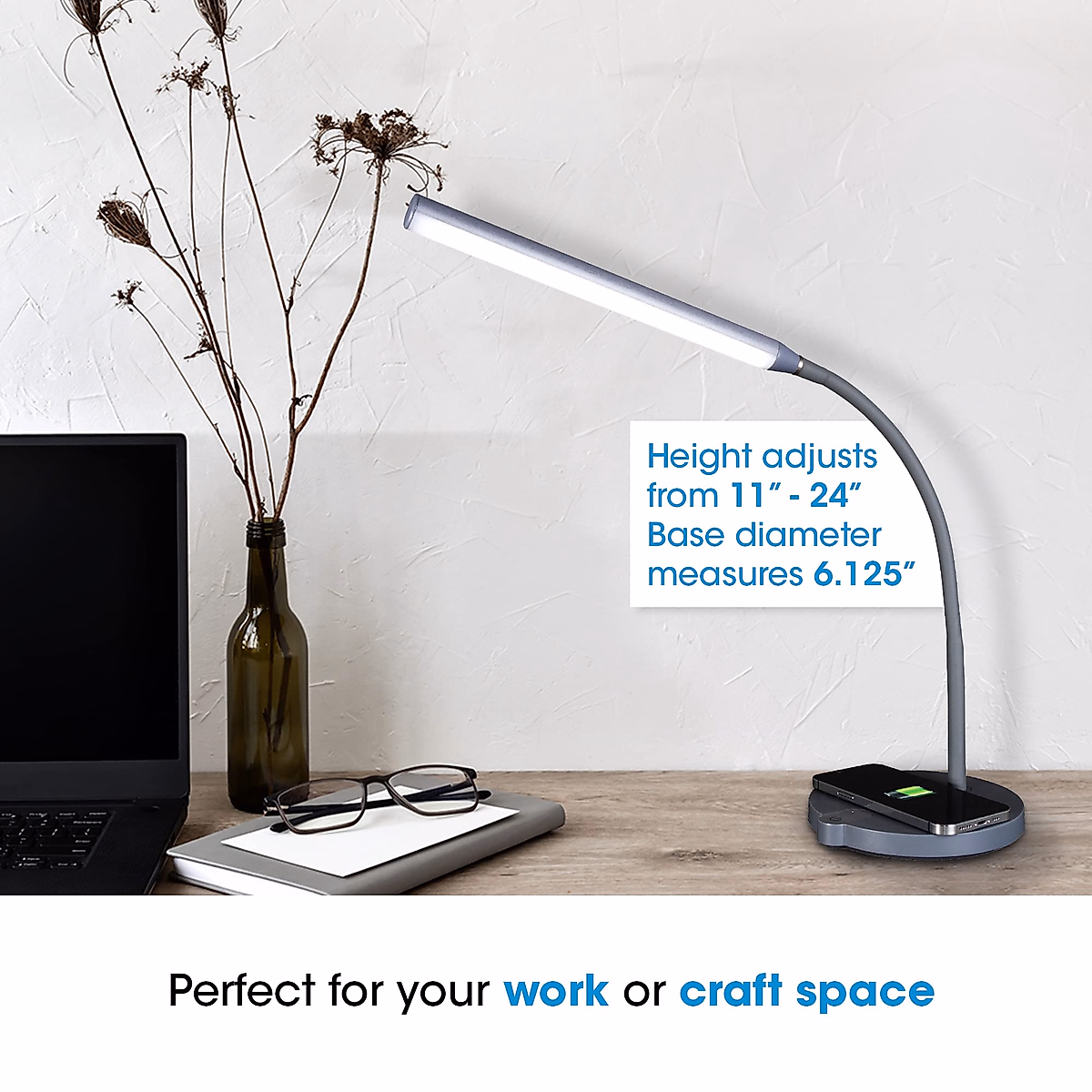 OttLite Stretch LED Desk Lamp with Wireless Charging - ClearSun LED Technology, 3 Color Temperature Modes with Touch Sensitive Controls & Flexible Gooseneck Arm for Home, Office & Dorms