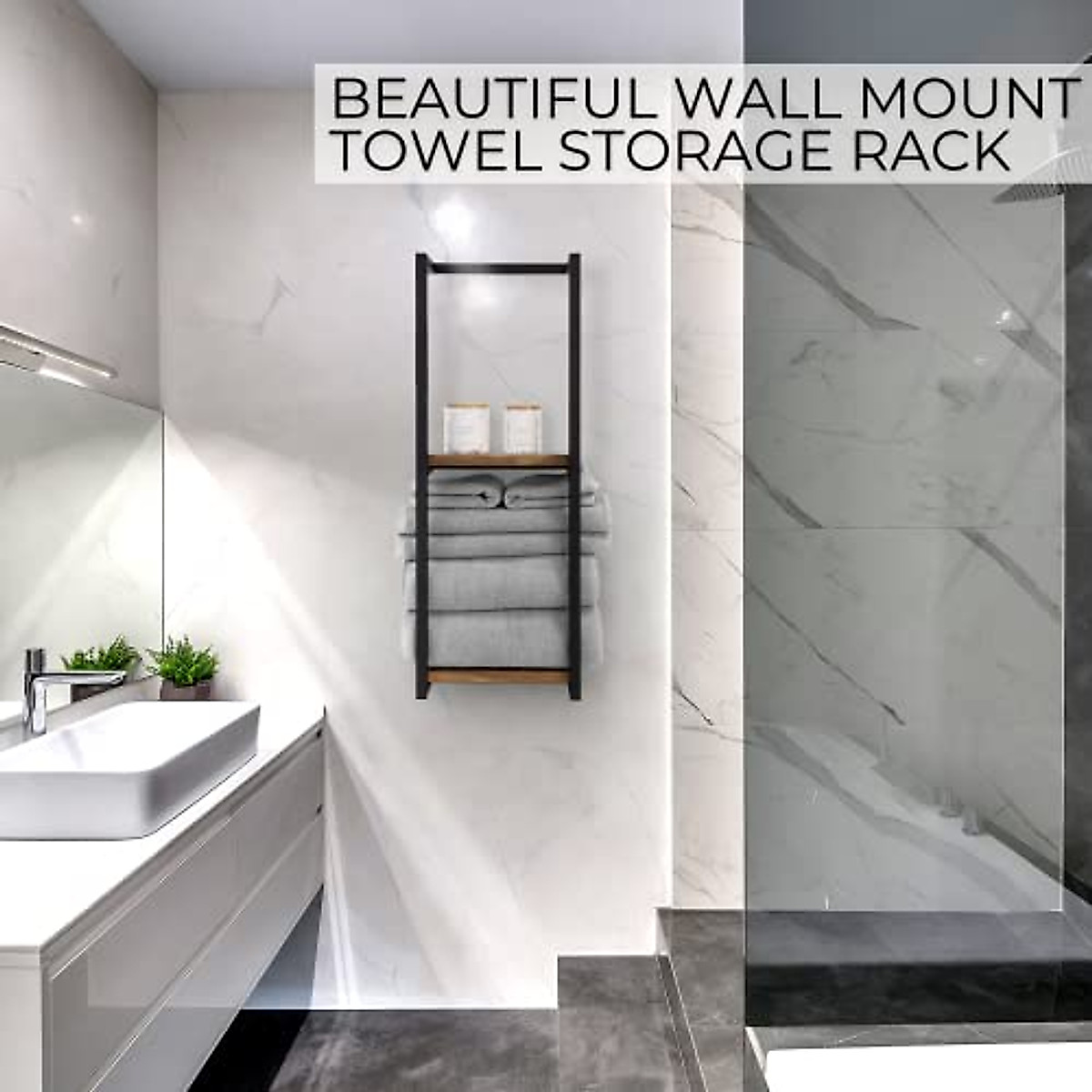 Stylish Bathroom Towel Storage Rack with Wooden Shelves – Modern & Space Saving Organizer for Wall Mount That Easily Holds 8 Large Towels - The Perfect Towel Holder to Enhance Your Bathroom Decor
